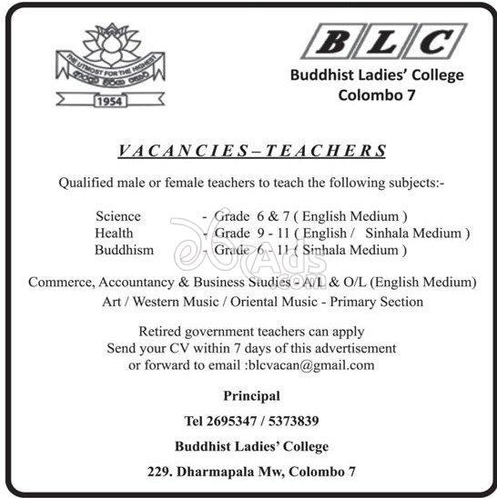 Teachers Vacancies at Buddhist Ladies' College - Colombo 07