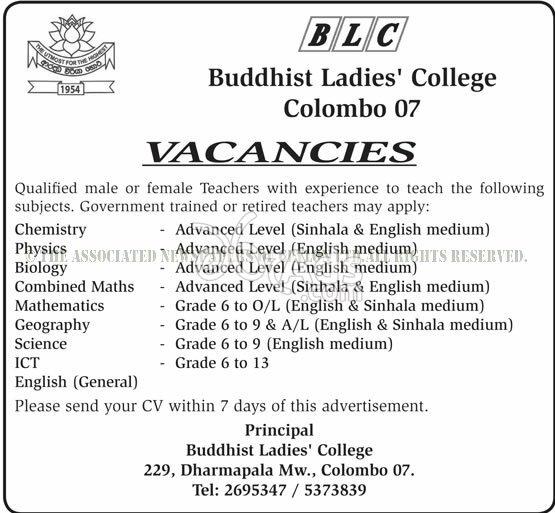 Teachers Vacancies at Buddhist Ladies' College - Colombo 07