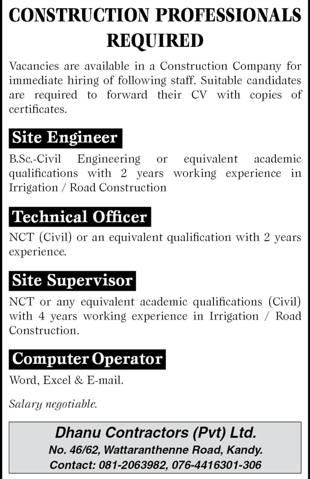 Site Engineer, Technical Officer, Site Supervisor, Computer Operator ...