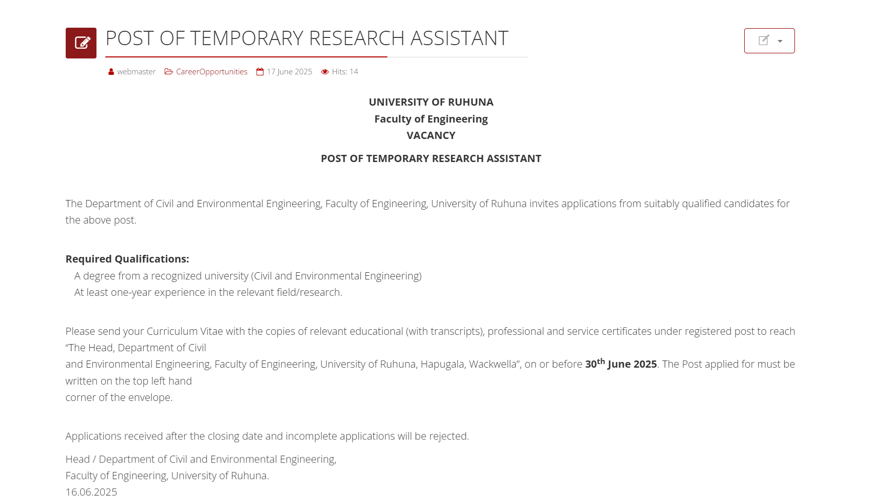 Research Assistant - University of Ruhuna